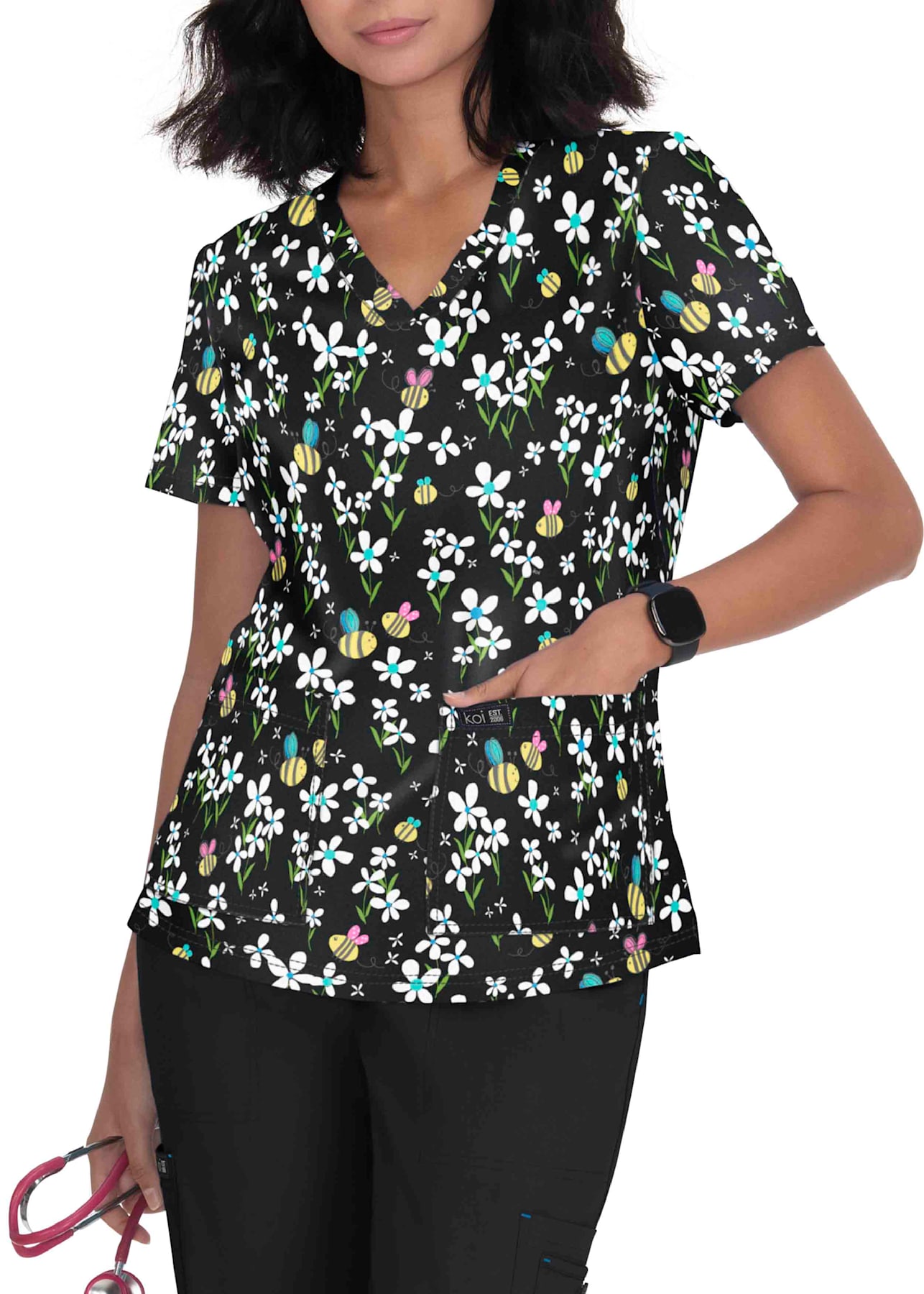 Leslie Busy Bee V-Neck Print Scrub Top | Scrubs & Beyond