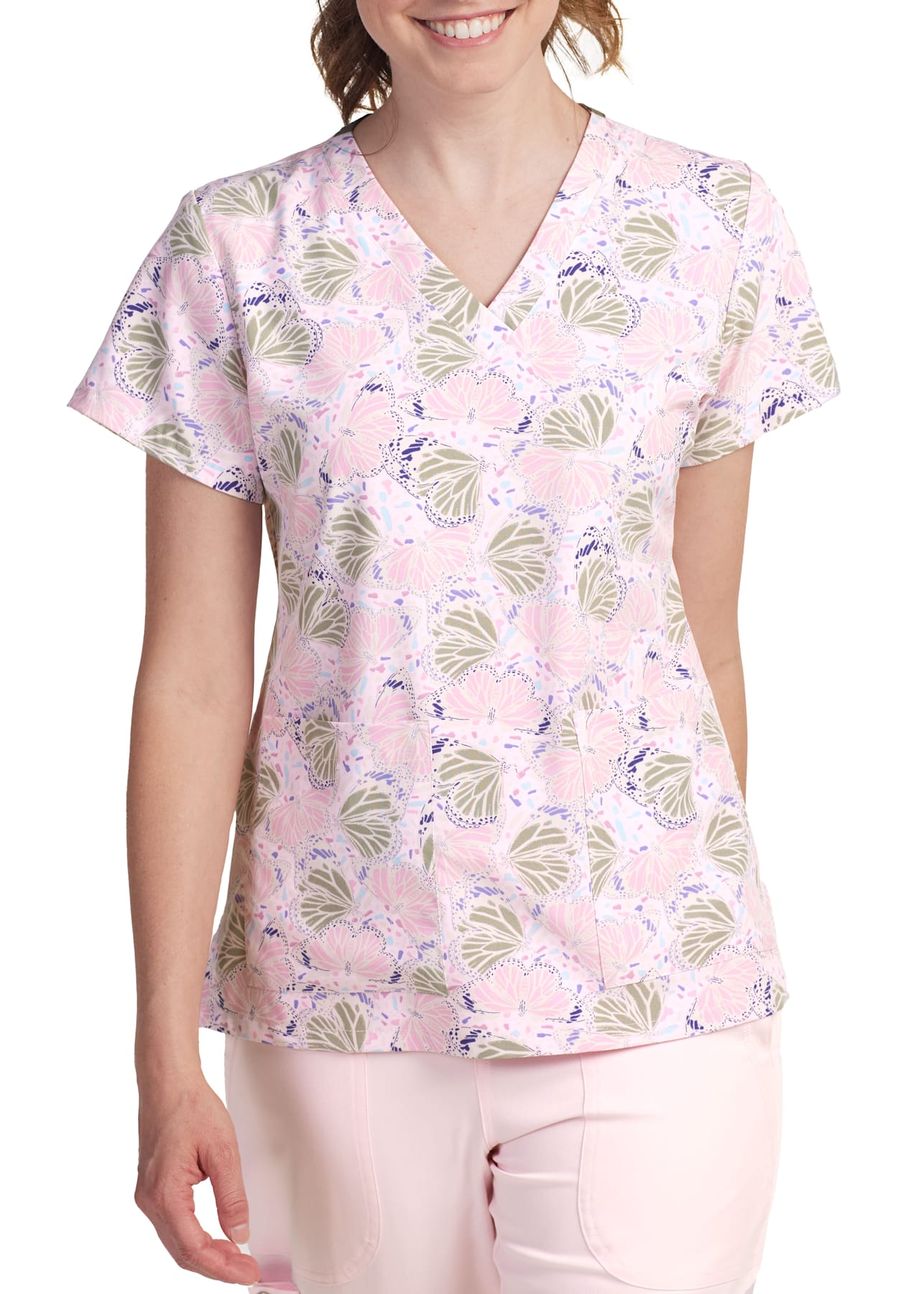 Pastel Butterfly V-Neck Print Top | Scrubs & Beyond