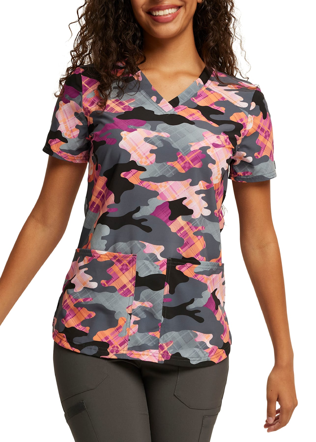 Camo Plaid V-neck Print Top | Scrubs & Beyond