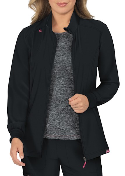 Koi Lite Stretch Impact 2-Pocket Ruche Back Zip-Front Knit Cuff Scrub ...