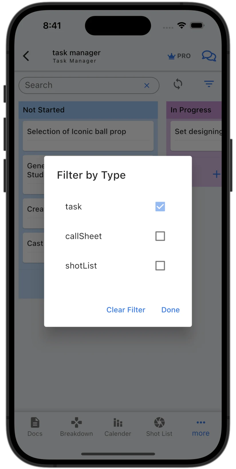 Studiovity Task Management software for Film Production with Kanban Board