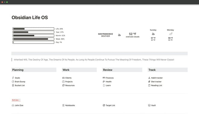 Obsidian Life OS | Notion Template | Prototion