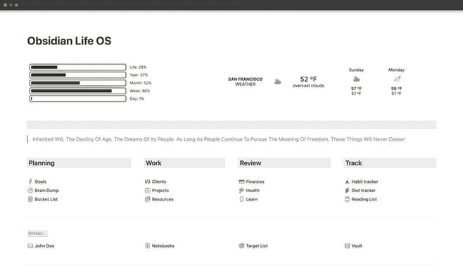 Obsidian Life OS | Notion Template | Prototion