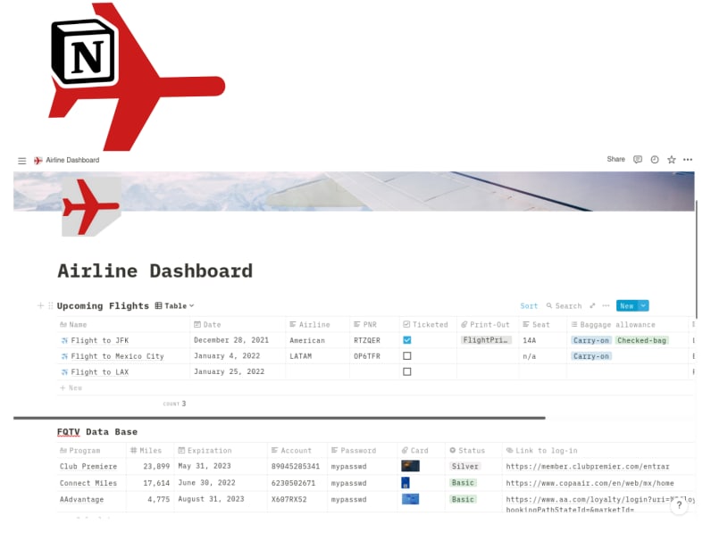 Airline Dashboard | Prototion | Buy Notion Template