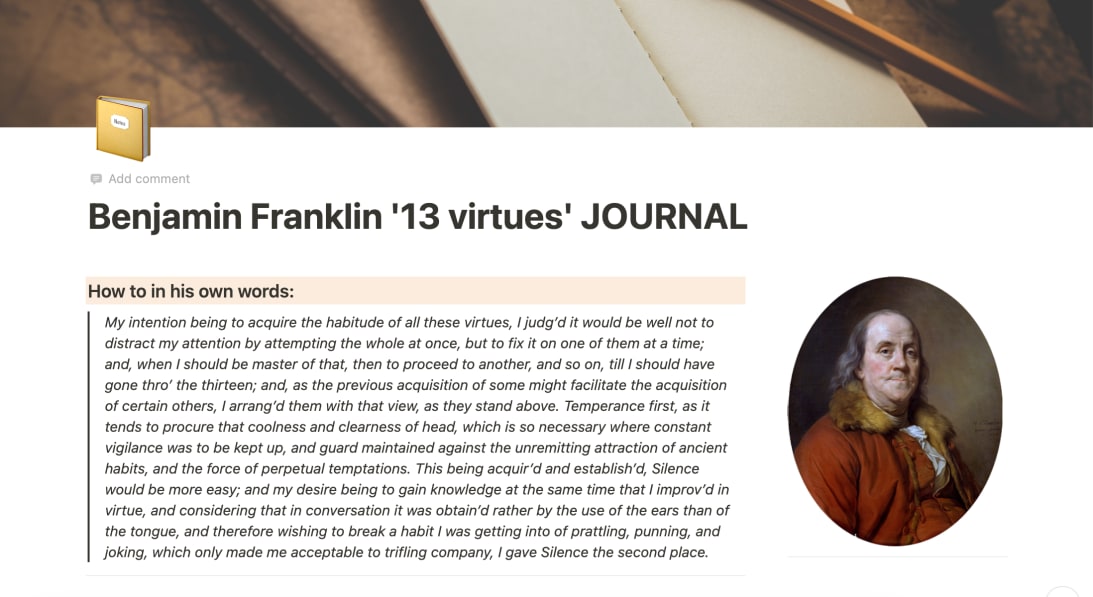 Benjamin Franklin's 13 virtues JOURNAL