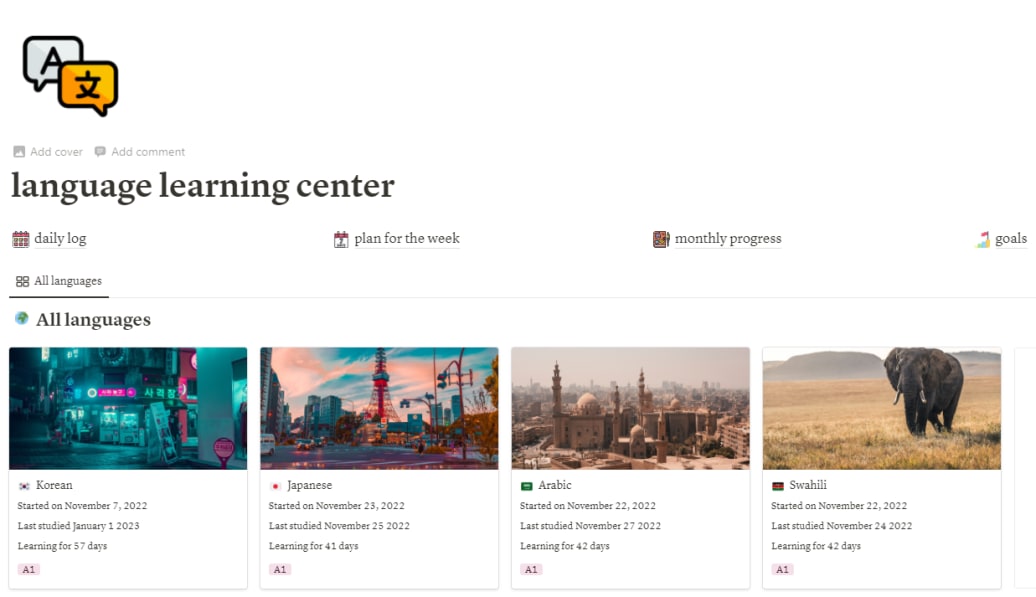 Language learning center | Prototion | Get Notion Template