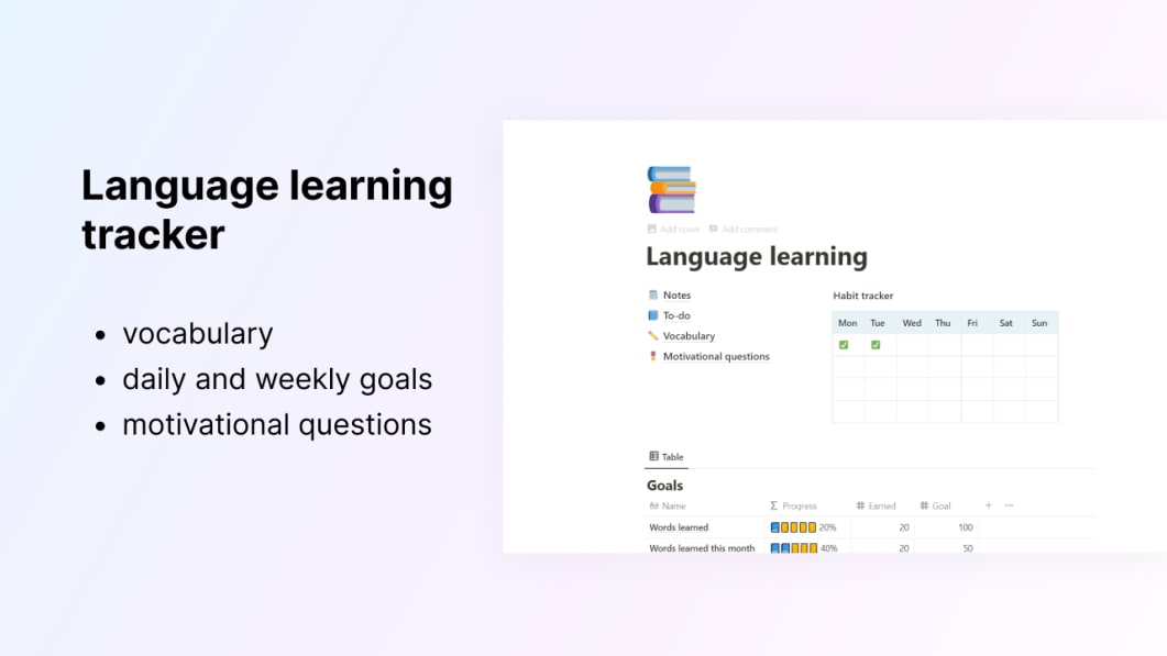 Language Learning Tracker | Prototion | Buy Notion Template