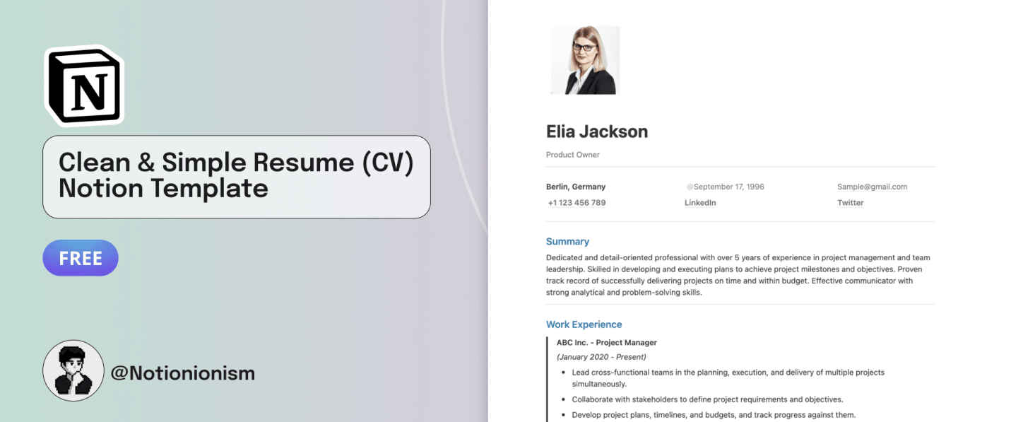 Clean and Simple Resume (CV) Template for Notion