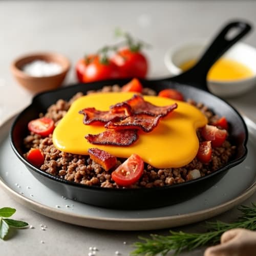 Lean Ground Beef and Crispy Turkey Bacon Cheeseburger Skillet