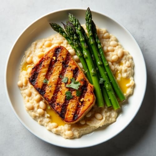 Grilled Tempeh Steaks with Steamed Asparagus and Creamy White Bean Mash