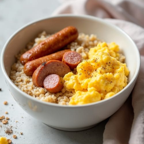 Creamy Oatmeal with Chicken Sausage and Scrambled Eggs