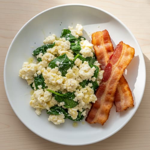 Cottage Cheese Egg Scramble with Spinach and Turkey Bacon