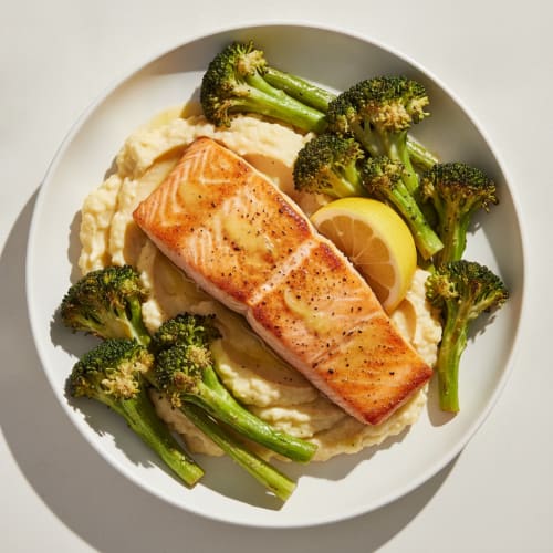 Seared Salmon with Roasted Broccoli and Garlic Mash