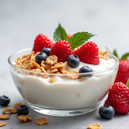 Creamy Greek Yogurt with Crunchy Fiber Cereal and Fresh Berries