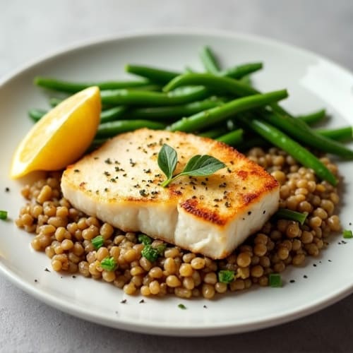 Seared Cod with Garlic Green Beans and Lentil Mash