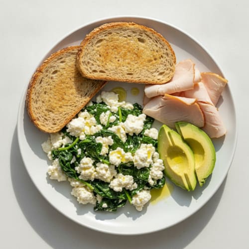 Egg White Spinach Scramble with Cottage Cheese and Sliced Turkey
