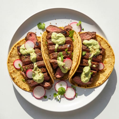 Carne Asada Tacos with Avocado Crema
