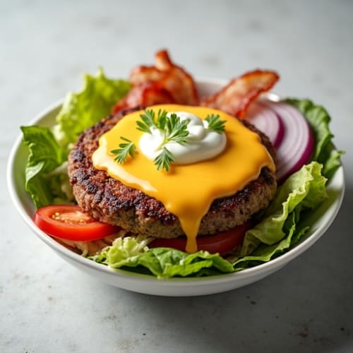 Lean Ground Beef Burger Bowl with Crispy Turkey Bacon and Cheesy Sauce