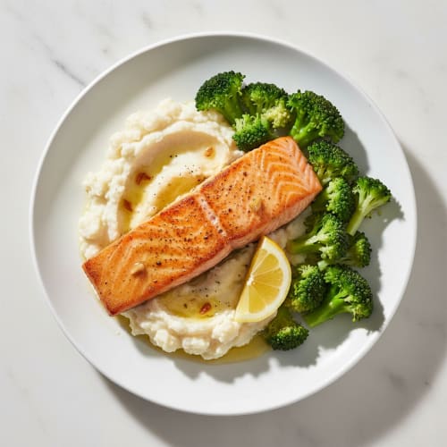 Seared Salmon with Steamed Broccoli and Garlic Cauliflower Mash