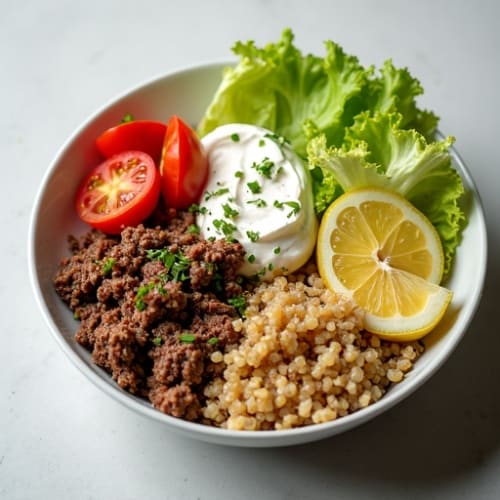 Lean Ground Beef Protein Bowl with Shredded Lettuce and Creamy Tangy ...