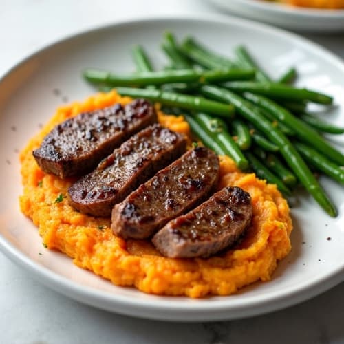 Seared Lean Beef Strips with Steamed Green Beans and Sweet Potato Mash