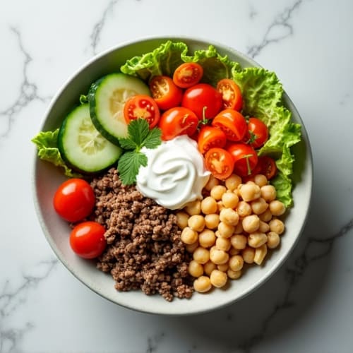 Lean Ground Beef and Fresh Vegetable Bowl with Creamy Zesty Dressing