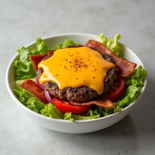 Lean Ground Beef Burger Bowl with Crispy Turkey Bacon and Melted Cheddar