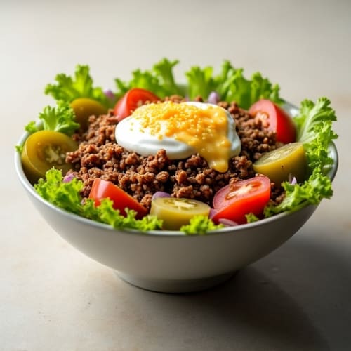 Lean Ground Beef Big Mac Style Bowl with Crispy Lettuce and Creamy Dressing