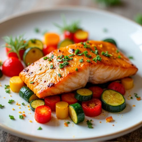 Turmeric-Ginger Glazed Salmon with Rainbow Roasted Vegetables