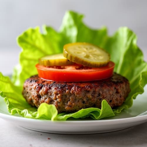 Lean Beef Burger Lettuce Wrap with Tomato and Pickles