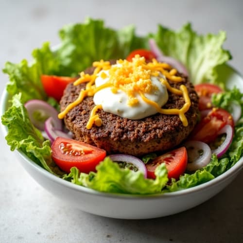 Lean Ground Beef Cheeseburger Bowl with Crispy Lettuce and Tangy Dressing