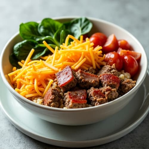 Lean Ground Beef Power Bowl with Crispy Turkey Bacon and Sharp Cheddar