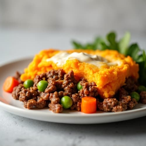 Lean Ground Beef Shepherd's Pie with Creamy Sweet Potato Topping