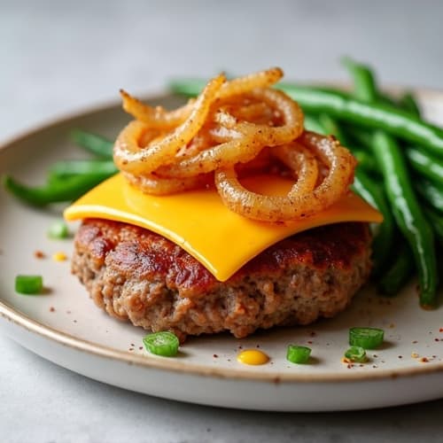Lean Ground Beef Patties with Melted Cheddar, Crispy Onions, and ...