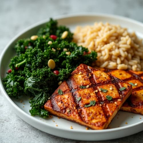 Grilled Tempeh with Steamed Kale and Brown Rice