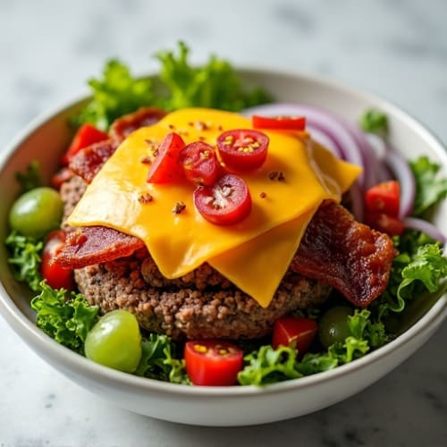 Lean Ground Beef and Crispy Turkey Bacon Cheeseburger Bowl