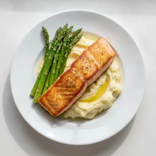 Seared Salmon Fillet with Steamed Asparagus and Garlic Mashed Potatoes