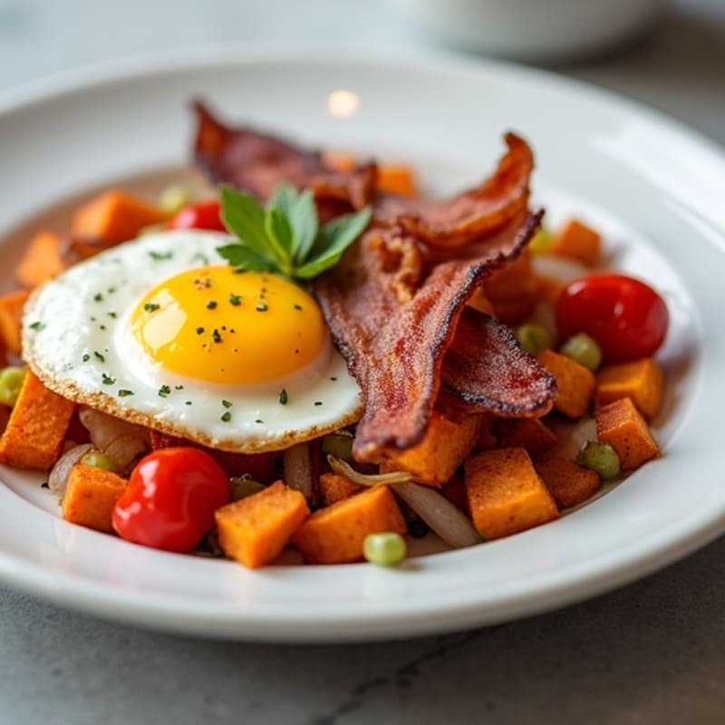 Crispy Turkey Bacon and Egg Hash with Roasted Sweet Potatoes