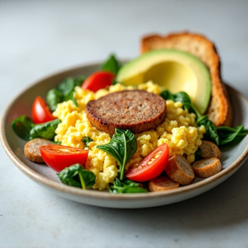 Egg White and Turkey Sausage Scramble with Spinach and Tomatoes