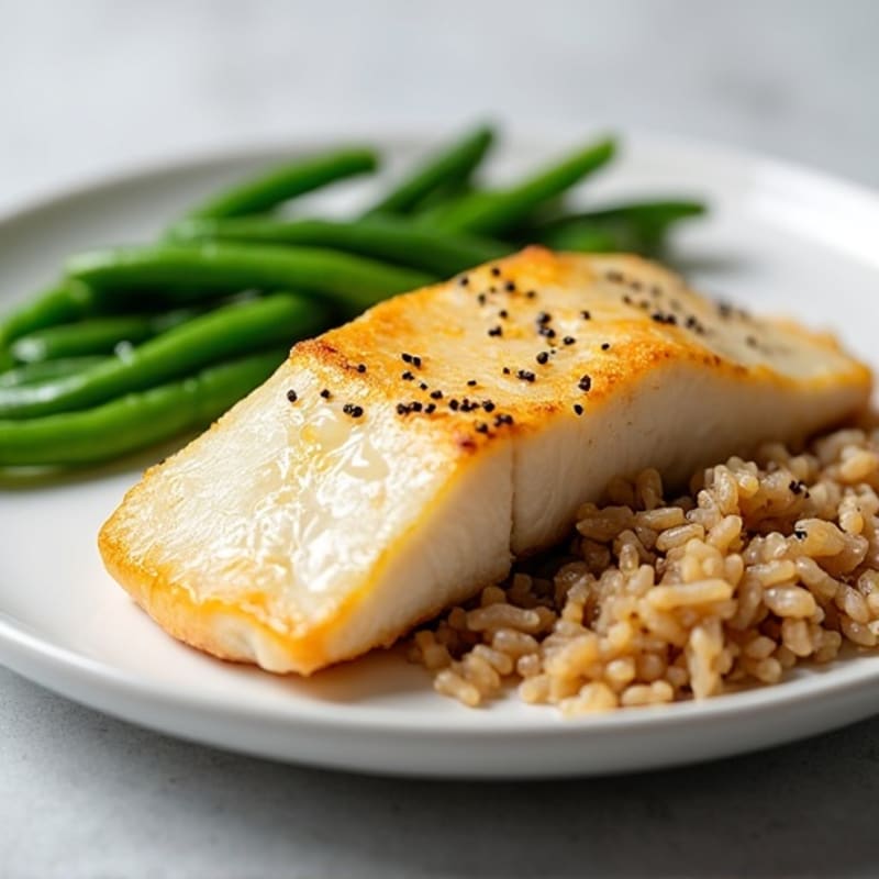Baked Cod with Steamed Green Beans and Brown Rice