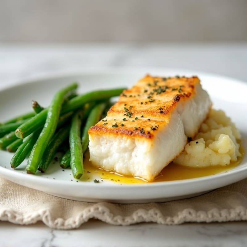 Seared Cod with Steamed Green Beans and Garlic Mashed Cauliflower