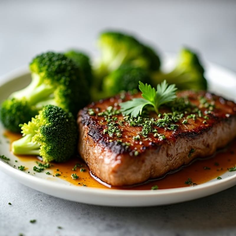 Herb-Crusted Pan Seared Steak with Garlic Roasted Broccoli