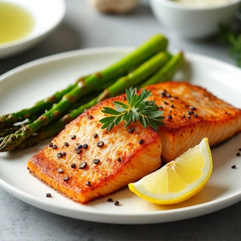 Crispy Pan-Seared Salmon with Lemon-Garlic Roasted Asparagus