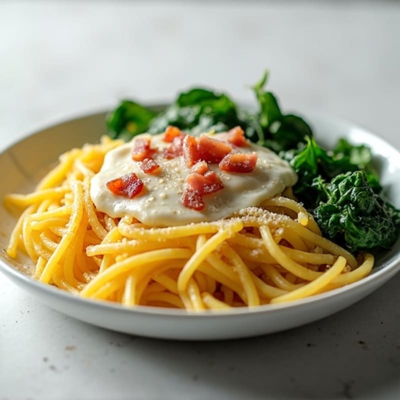 Lean Turkey Bacon Creamy Carbonara with Sautéed Spinach