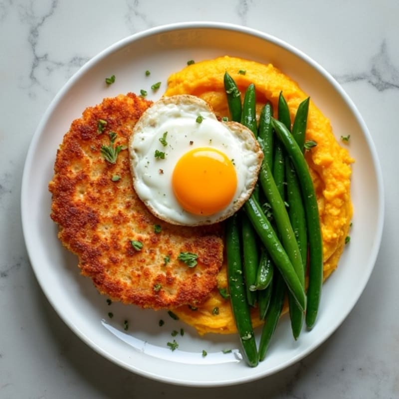 Crispy Chicken Schnitzel with Garlic Sautéed Green Beans and Mashed Pumpkin