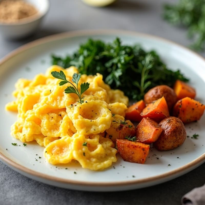 Hearty Scrambled Eggs with Sautéed Kale and Sweet Potato Hash