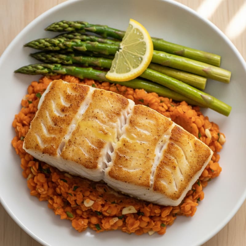 Seared Cod with Steamed Asparagus and Lentil Mash