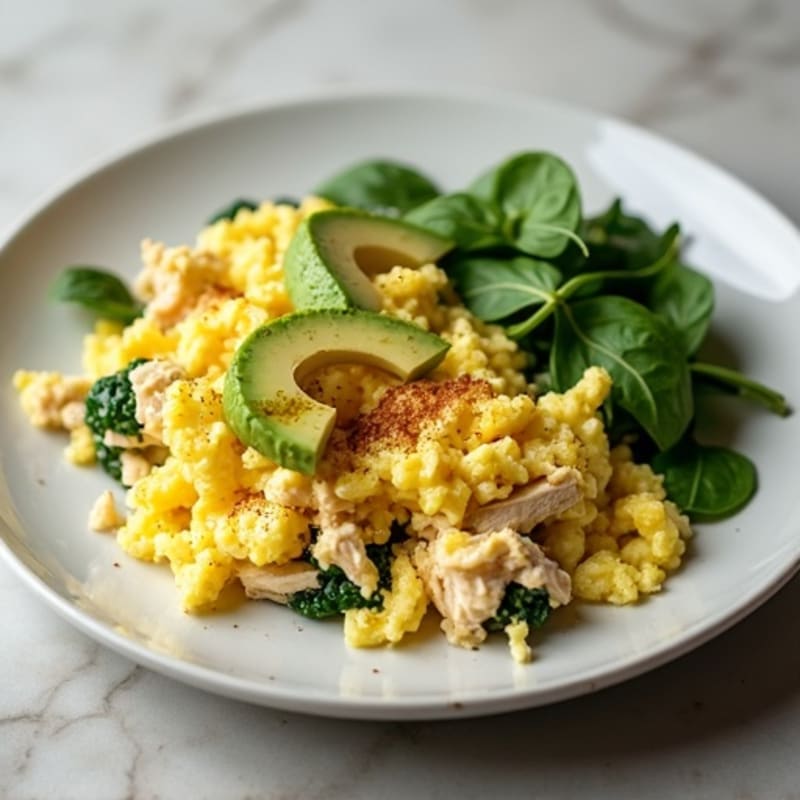 Scrambled Eggs with Shredded Chicken and Spinach