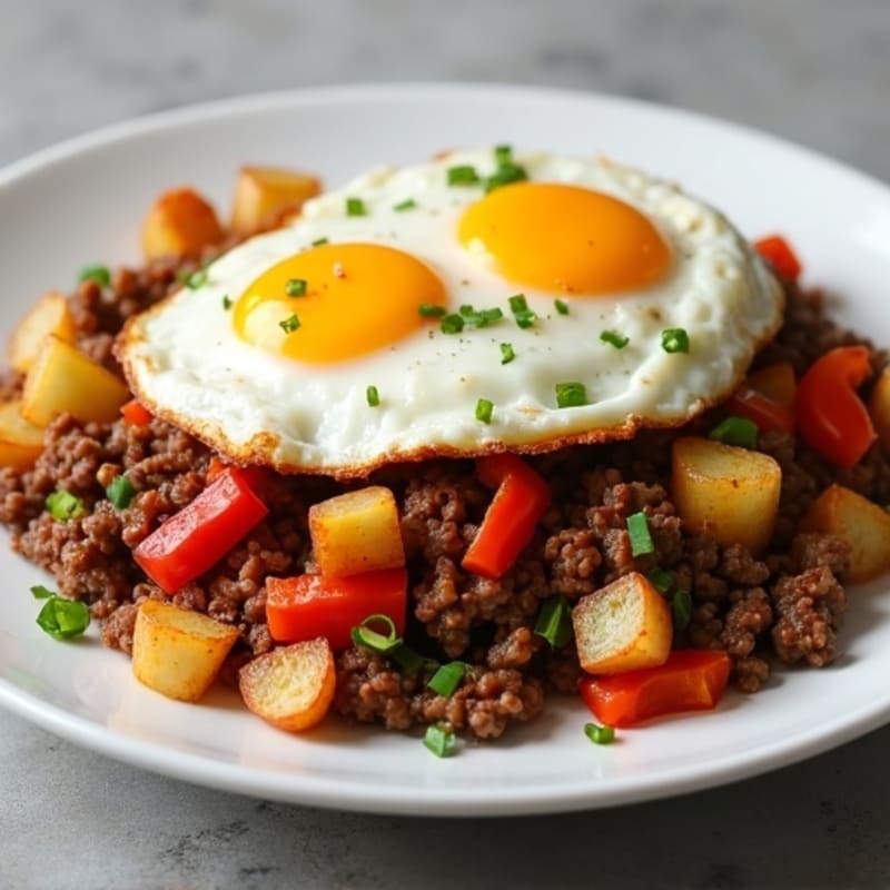 Crispy Potato and Ground Beef Hash with Sunny-Side Up Eggs