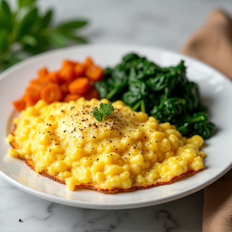 Fluffy Scrambled Eggs with Sautéed Spinach and Crispy Sweet Potato Hash